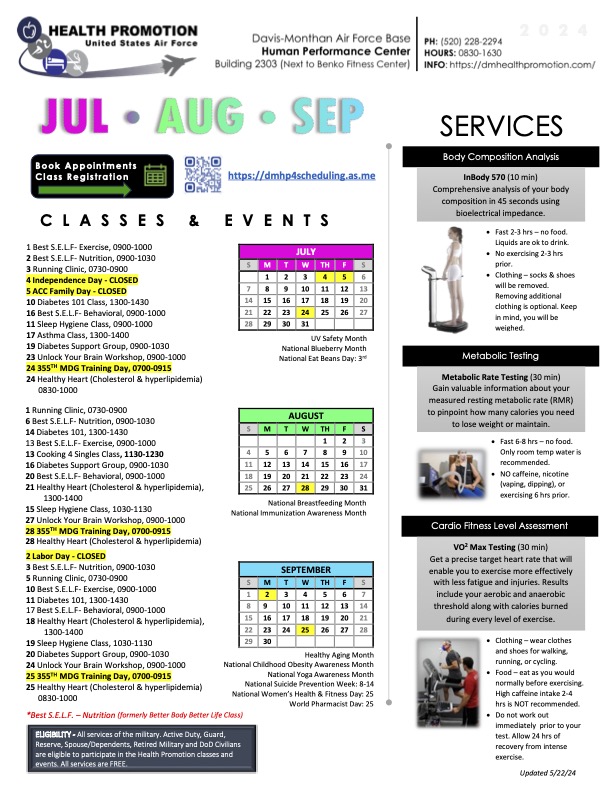 July-September Calendar of Events – Health Promotion – DMAFB